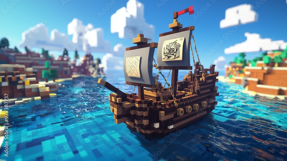 Adventure on the Digital High Seas: 3D Cube Pirate Ship with Treasure ...