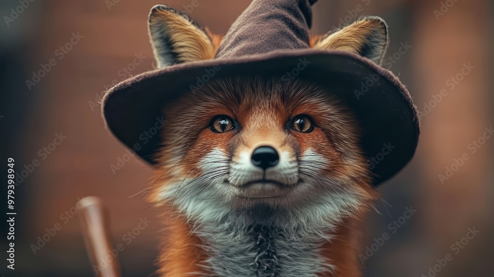 Fox dressed as a witch with a pointy hat and broom, witch fox, woodland ...