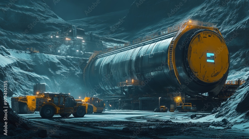 Fuel storage tank made of sleek stainless steel at a mining site, with ...