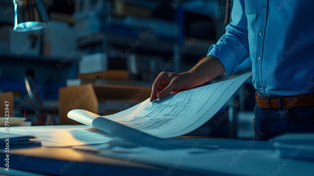 Engineer reviewing product blueprints while comparing with the final ...