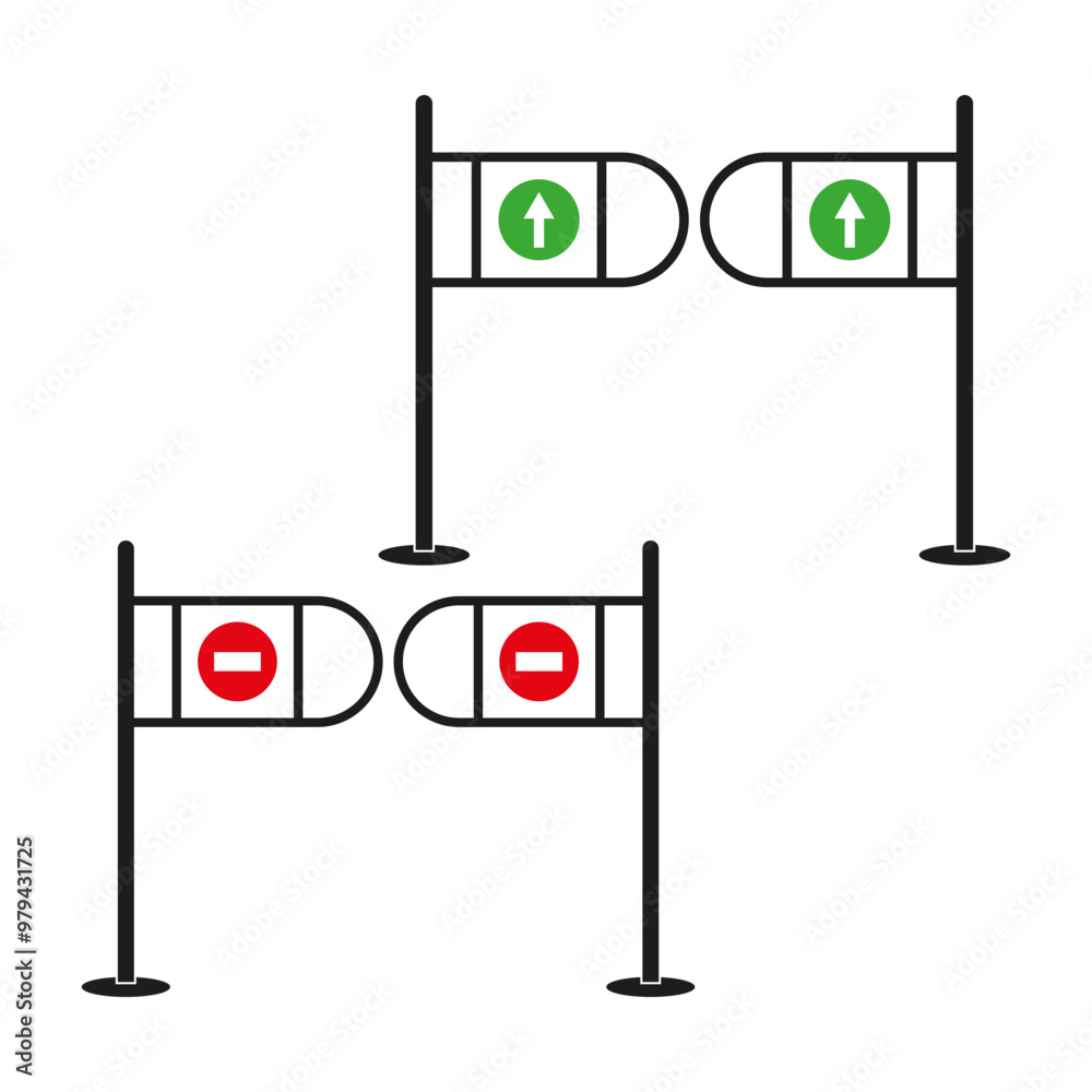 Turnstile icon set. Green arrow and red no entry signs. Entrance and ...