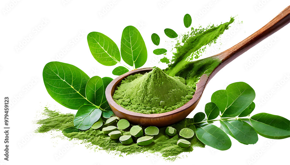 moringa powder and fresh leaves Splash on a white isolated background ...