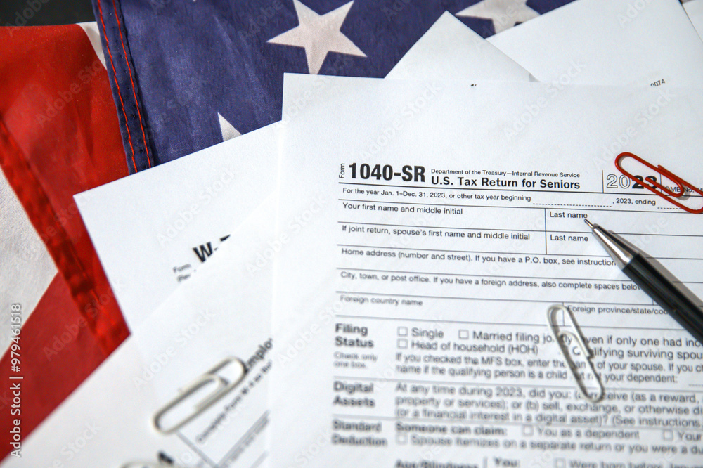 U.S. Tax Return for Seniors form 1040-sr with American flag in the ...