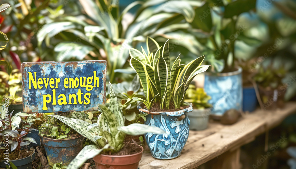 Charming indoor garden with potted plants and rustic sign display ...