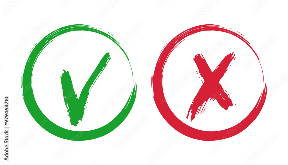Hand drawn checklist grunge texture symbols. Green check mark and cross ...