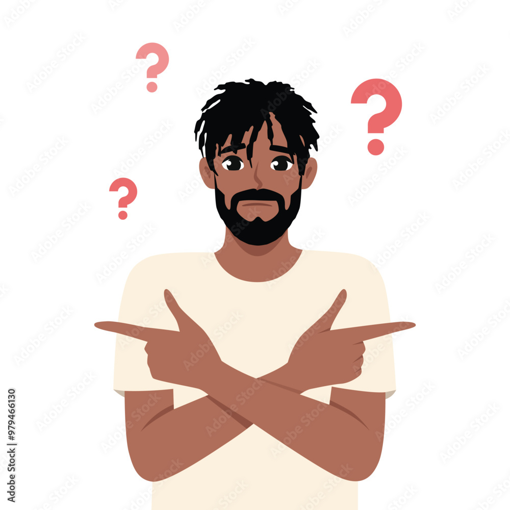 Confused man showing fingers in different directions concept. Flat ...