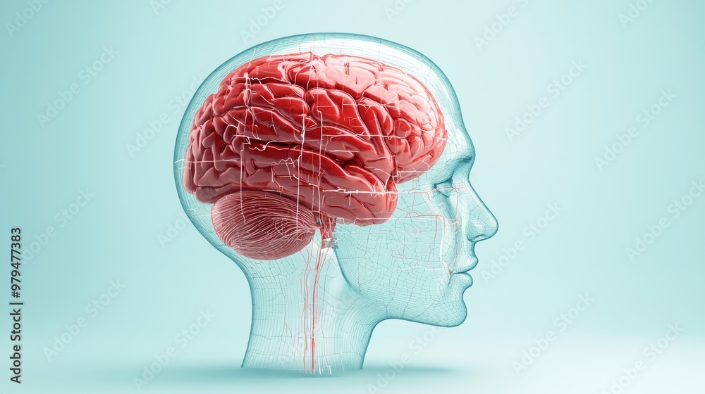 Anatomical illustration of a human brain inside a transparent skull ...