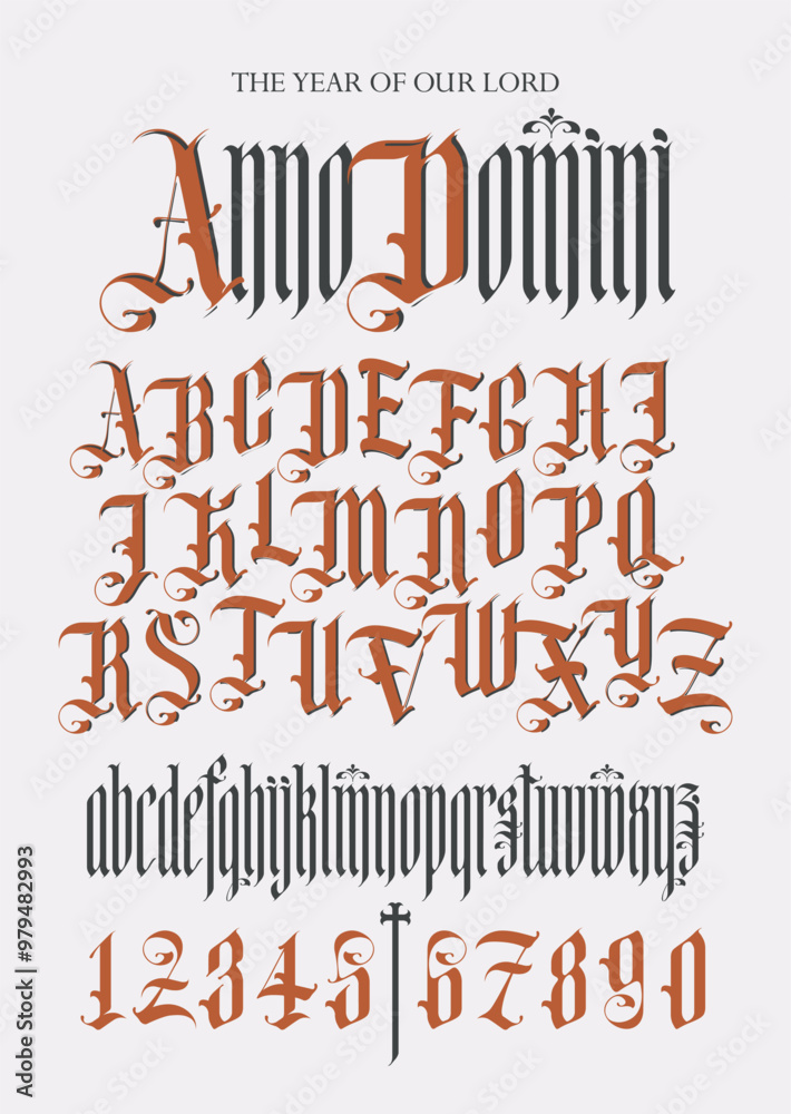 Latin phrase From the Nativity of Christ. Gothic font. Full set of ...