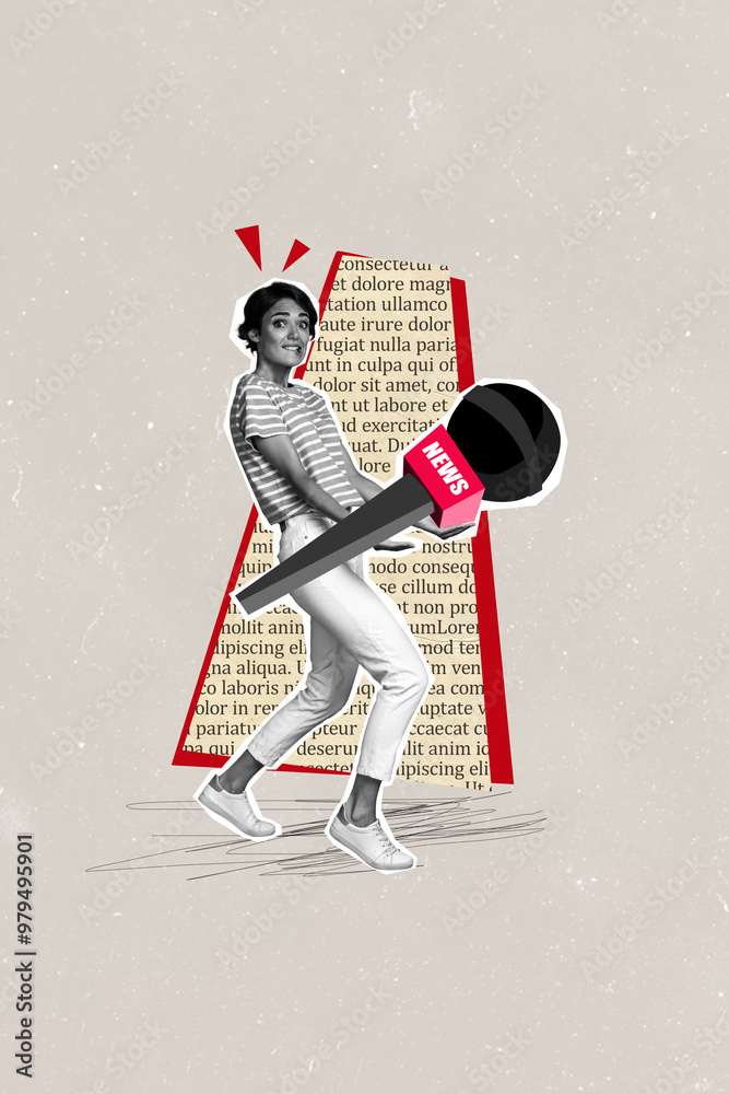 Vertical photo collage of puzzled journalist girl carry big wireless ...