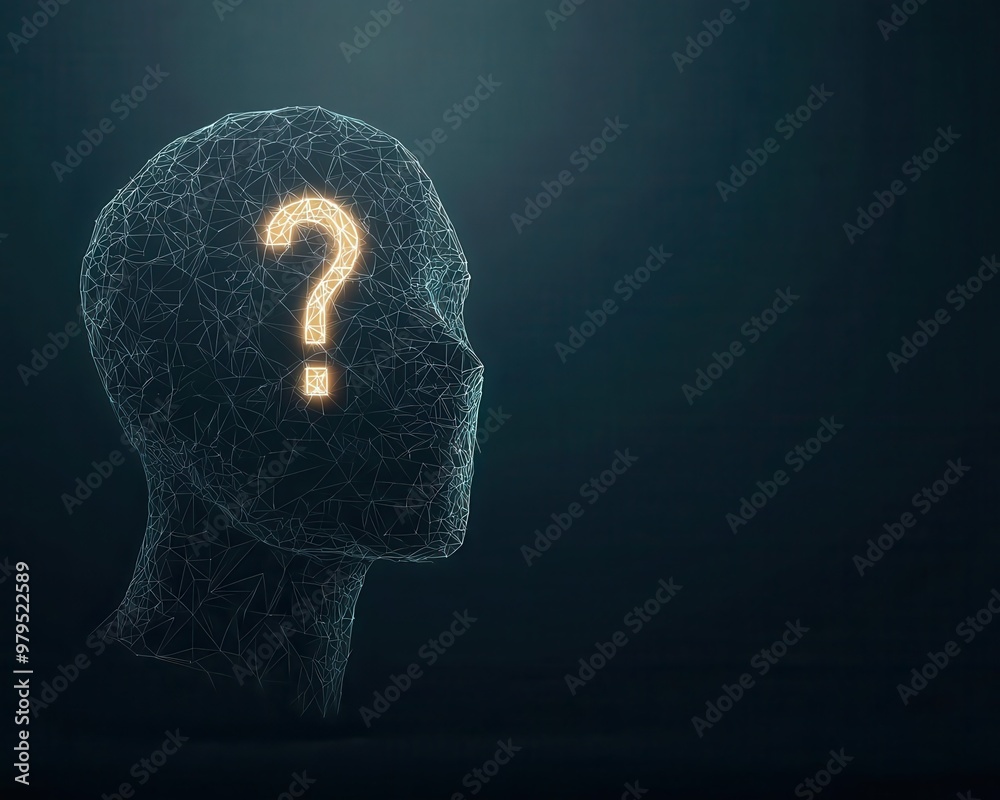 Transparent polygon face with glowing question marks inside, digital ...