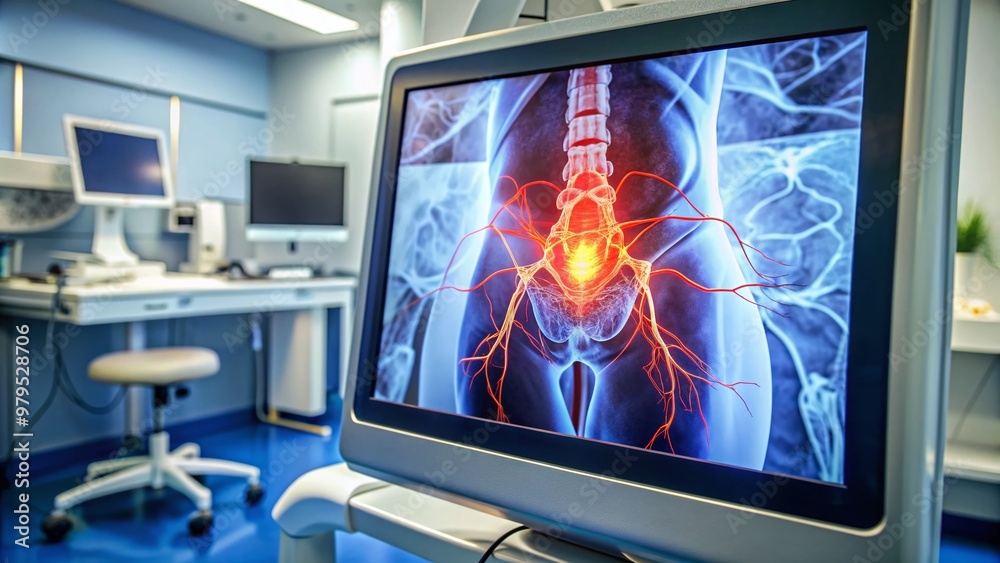 Close-up of a fluoroscopy screen displaying a femoral angiogram ...