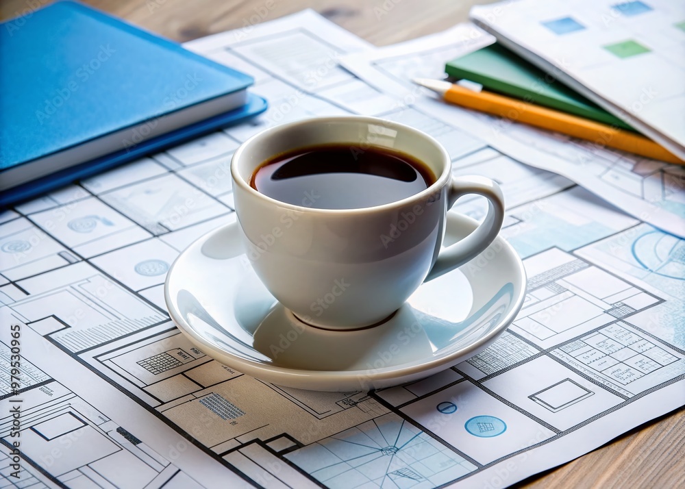Coffee-cup surrounded desktop with design sketches, notes, and ...