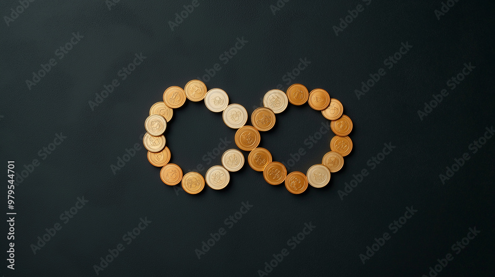 Infinity symbol made from gold and bronze coins on dark green ...