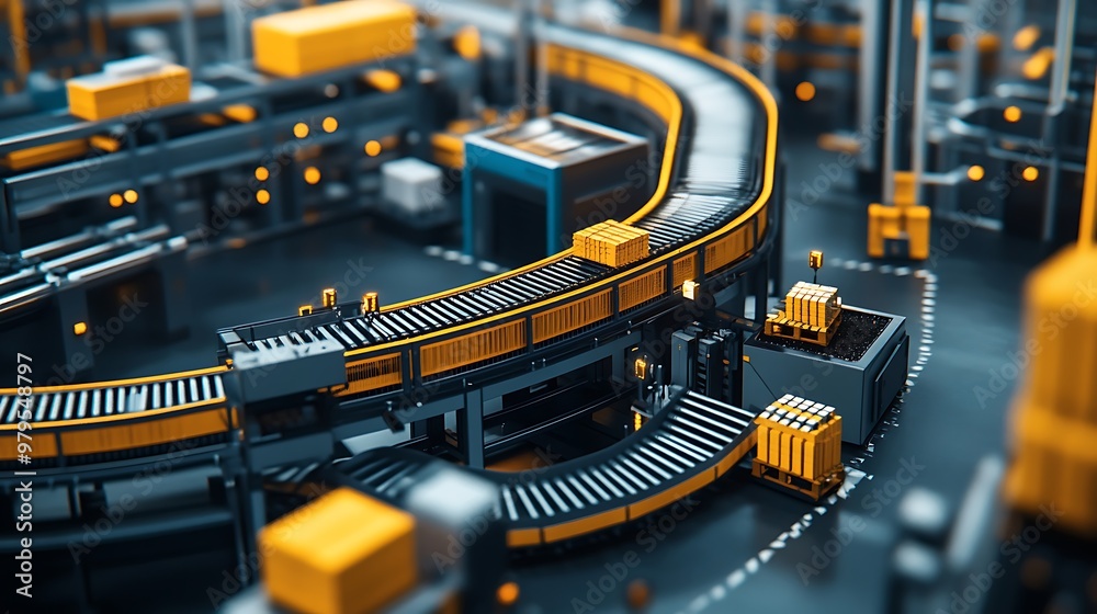 Conveyor belts moving raw materials through different stages of ...