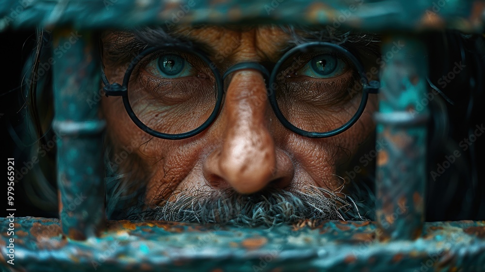 Intense gaze of a bearded man behind rusty bars in an old prison cell ...