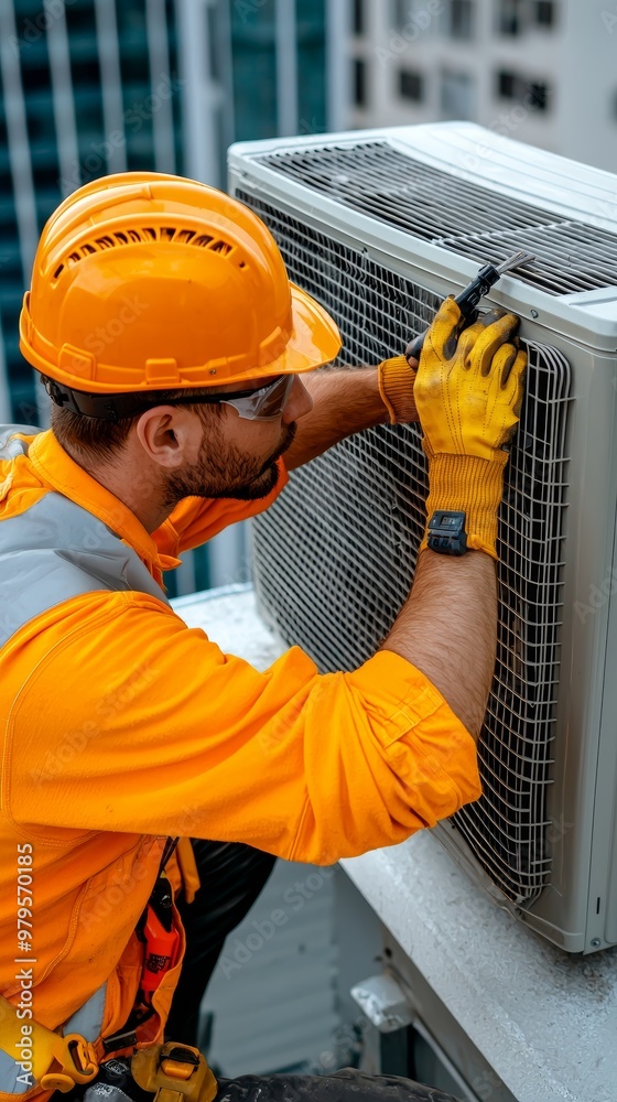 Maintenance worker fixing an air conditioner on a rooftop, Ultra HD, 8K ...