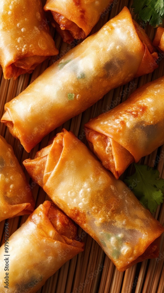 Detailed close-up top view photograph of crispy spring rolls with a ...