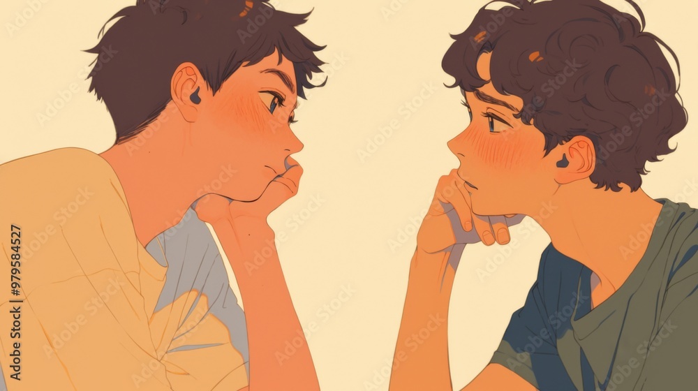 Anime-Inspired Illustration of Two Shy Men with Blushing Faces Sitting ...