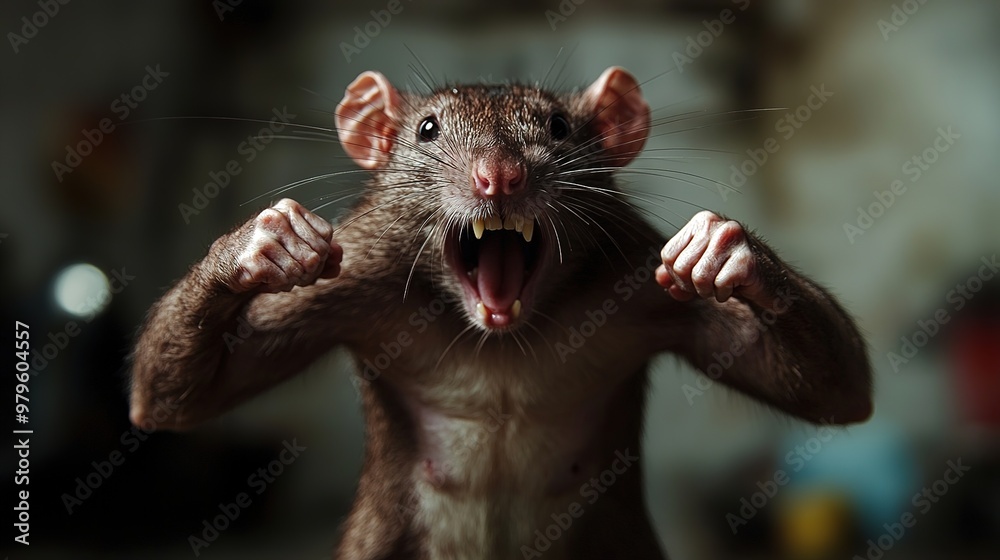 Angry, muscly rat flexing its muscles, showcasing a strong and intense ...