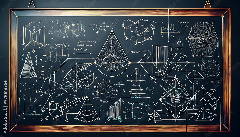 chalkboard filled scientific drawings geometric shapes formulas Stock ...