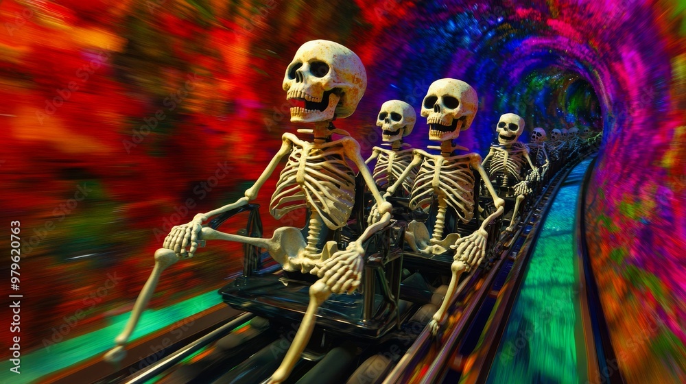 Four skeletons on a colorful roller coaster in an eerie, vibrant tunnel ...