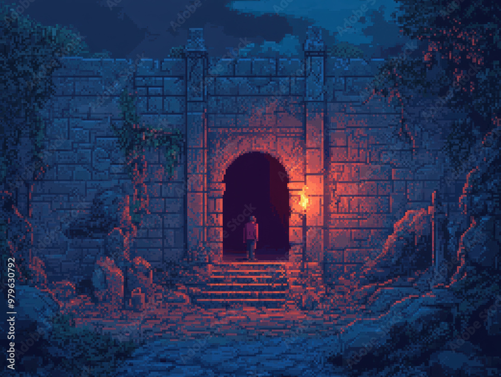 Pixel Art Adventure: Explorer in Dark Ancient Temple with Flickering ...