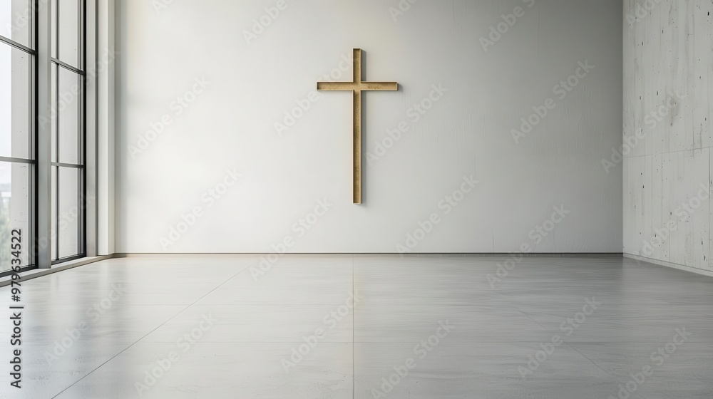 Golden cross hanging in the middle of a modern art gallery, symbolizing ...