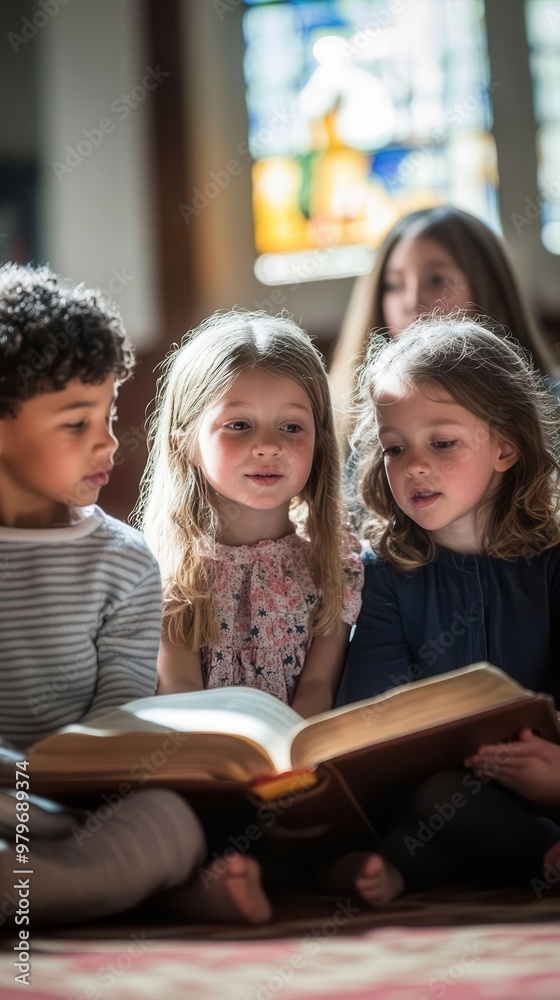 Children gathered around a Bible for a storytime session in a church ...