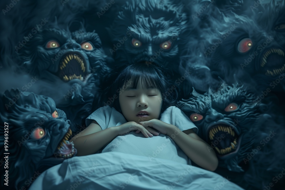 Child bed facing terrifying monsters highlighting imagination and ...