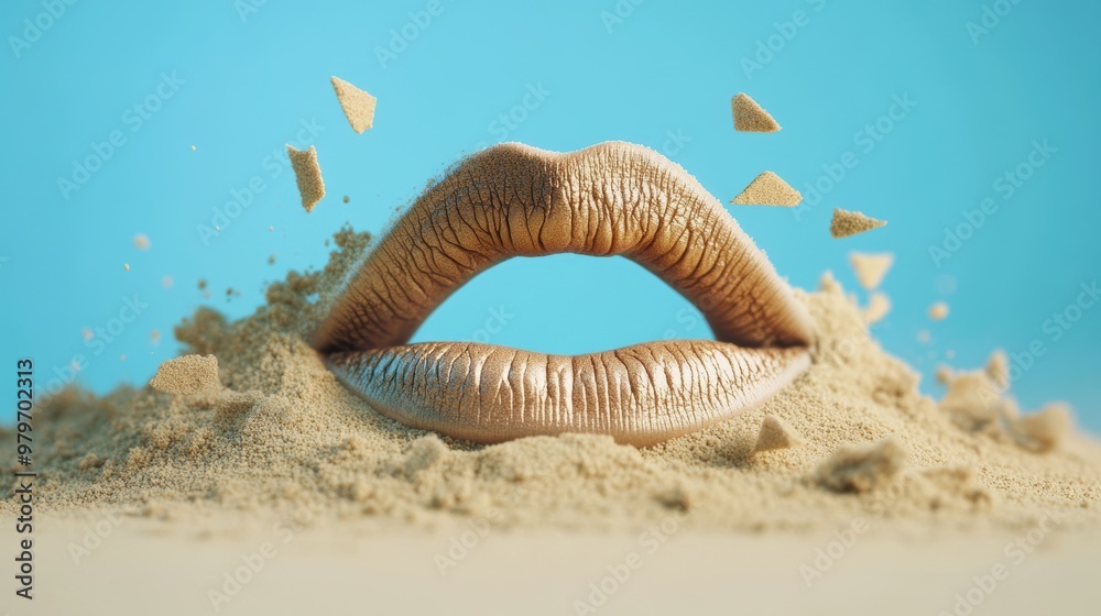A mouth with lips made of shifting sand, revealing hidden depths of the ...