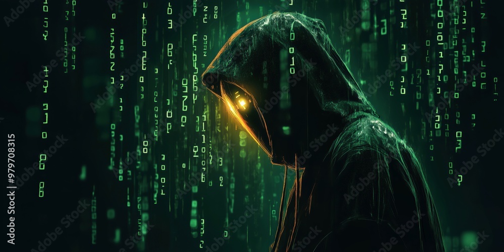 Mysterious hooded figure surrounded by green Matrix code, glowing ...