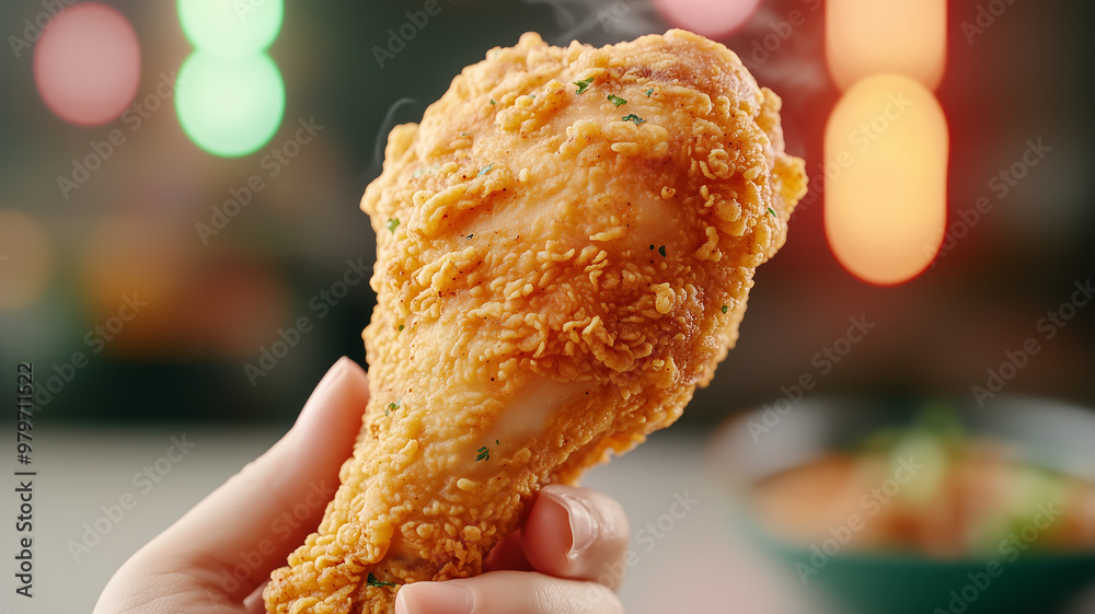 Crispy fried chicken drumstick held in a hand, golden and steaming ...