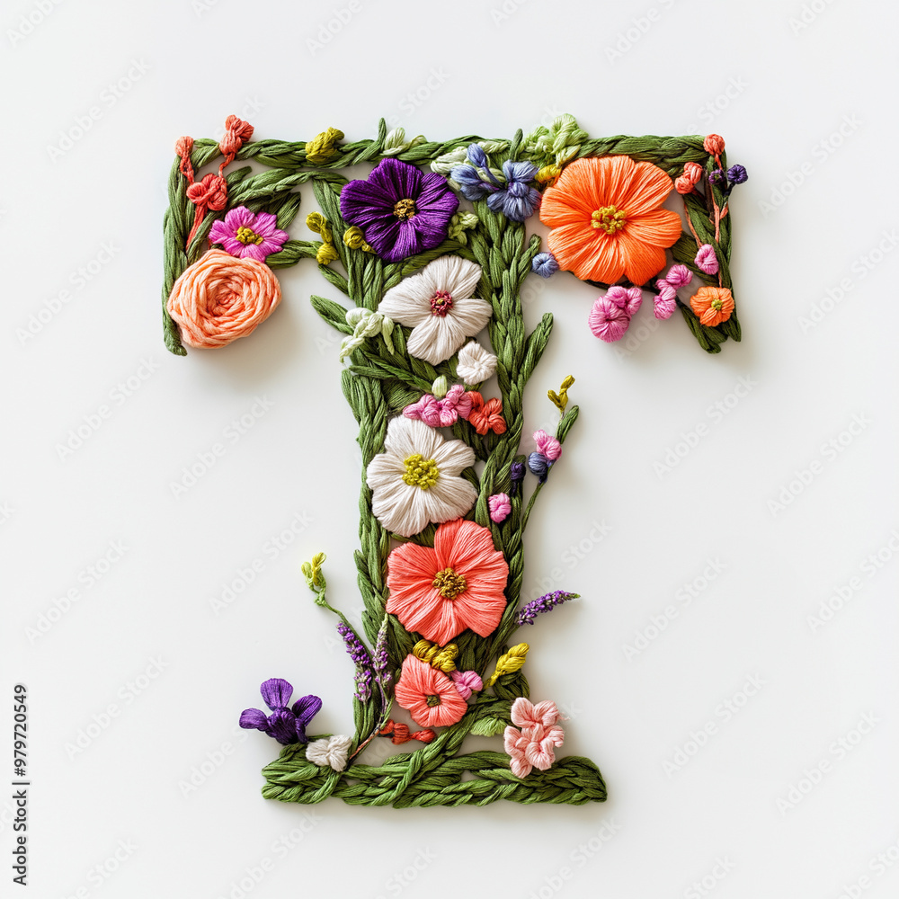 Charming floral embroidery with blooming flowers in the shape of T font ...