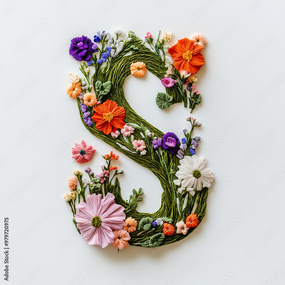 Charming floral embroidery with blooming flowers in the shape of S font ...