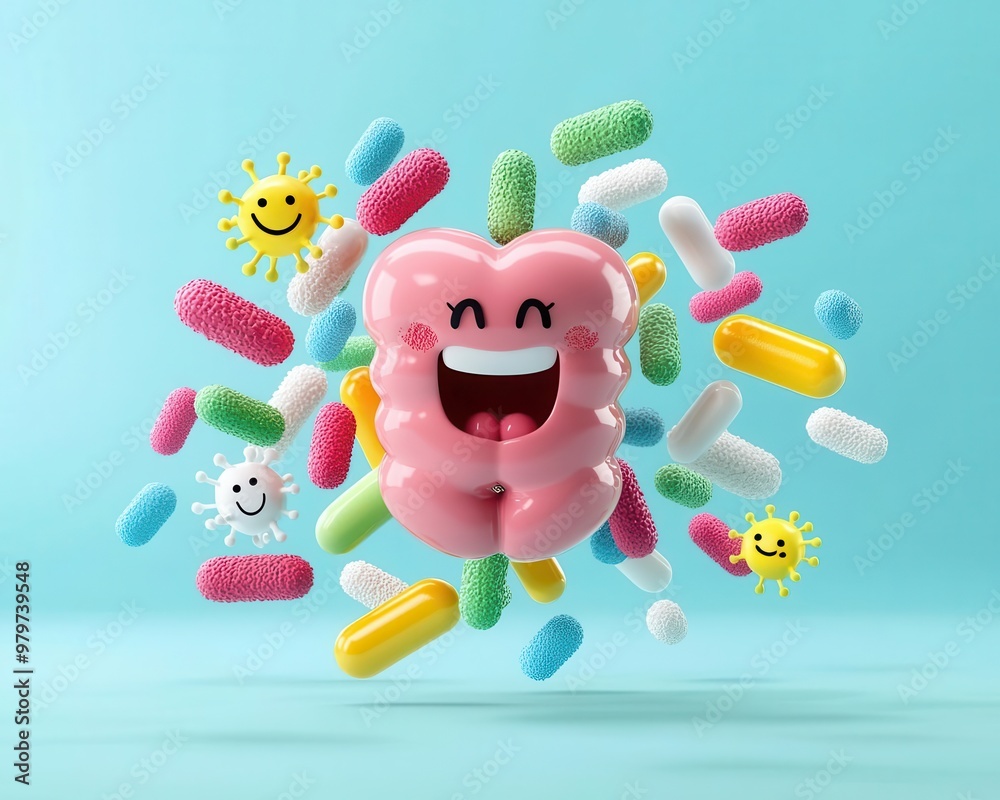 Happy cartoon gut surrounded by smiling probiotic bacteria, boosting ...