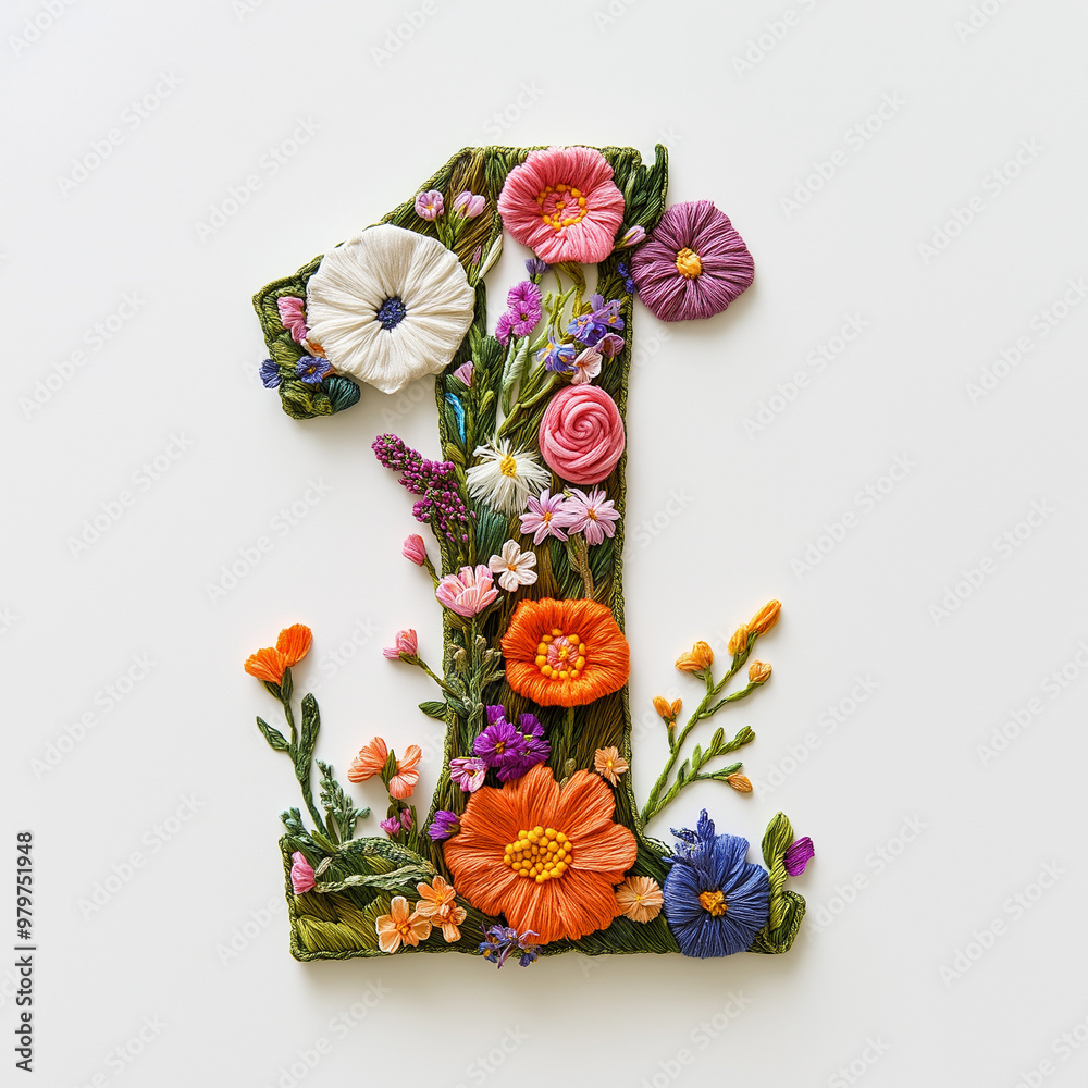 Charming floral embroidery with blooming flowers in the shape of Number ...
