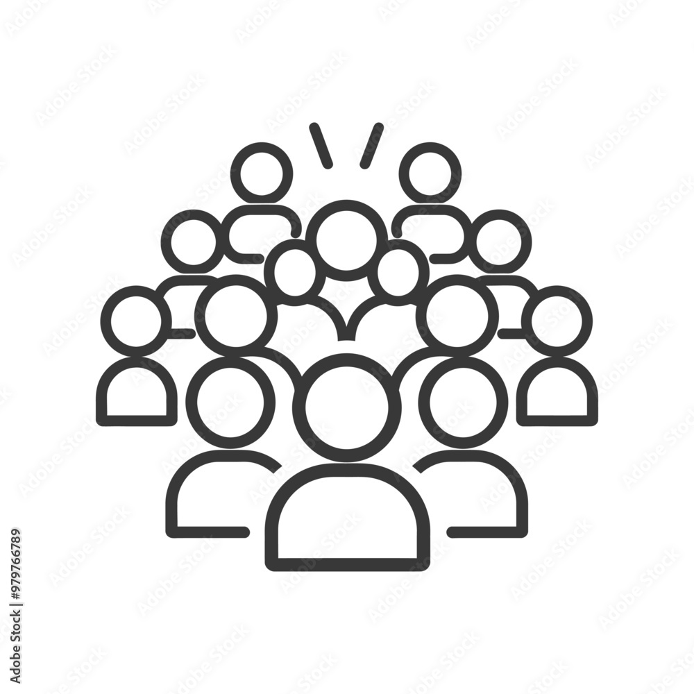 Line drawing icon depicting a group of people with one person standing ...