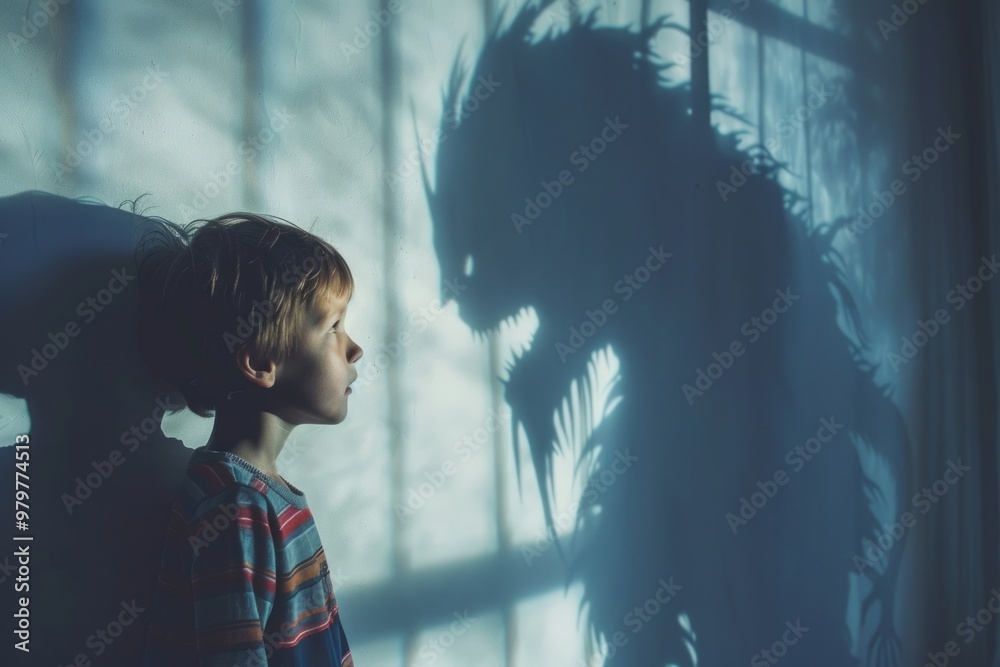 Young boy facing scary monster shadow on wall Stock Illustration ...