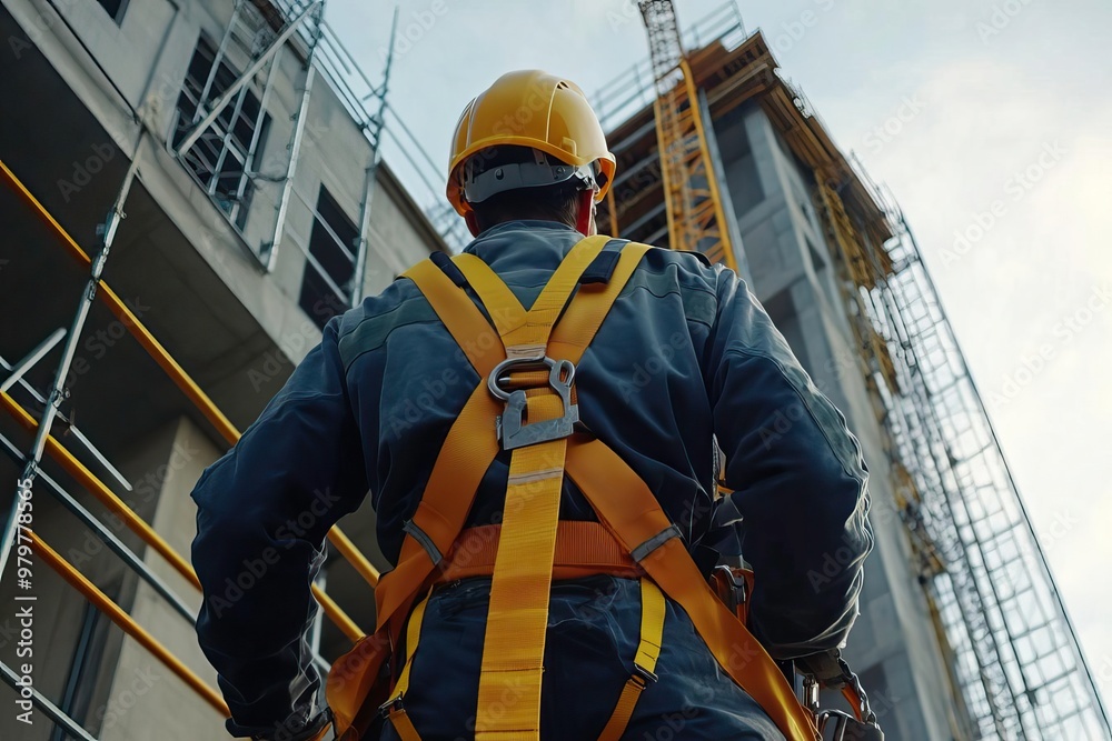 A construction worker wearing a safety harness and helmet stands on a ...