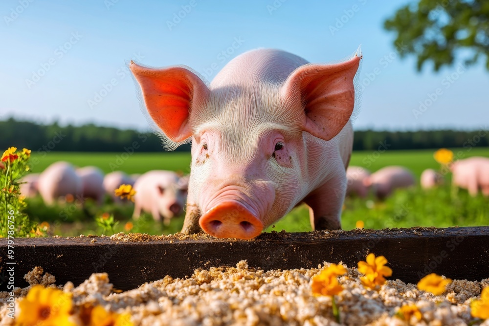 Farm animals like pigs enjoying a fresh meal of slop, with their snouts ...
