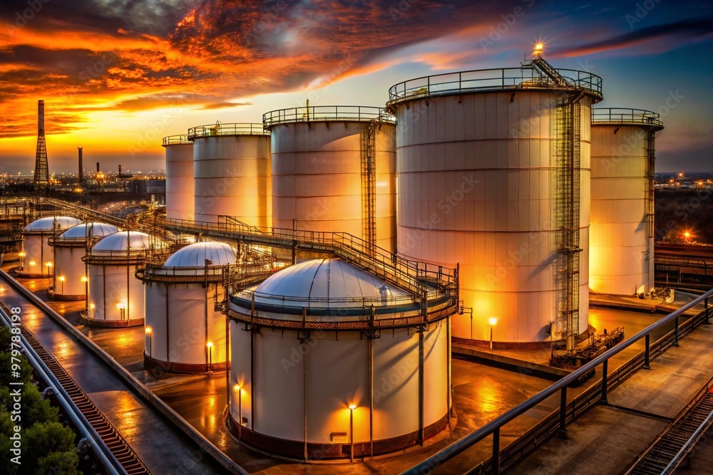 White spherical tanks for storing oil in an outdoor refinery. Tanks for ...