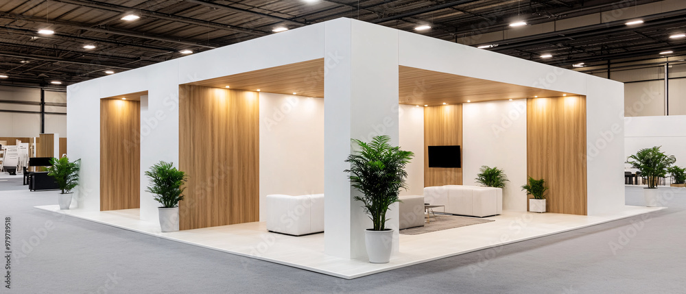 Modern exhibition booth design featuring sleek walls, plants, and cozy ...