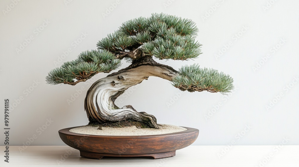 Bonsai tree with a curved trunk and dense green foliage, planted in a ...