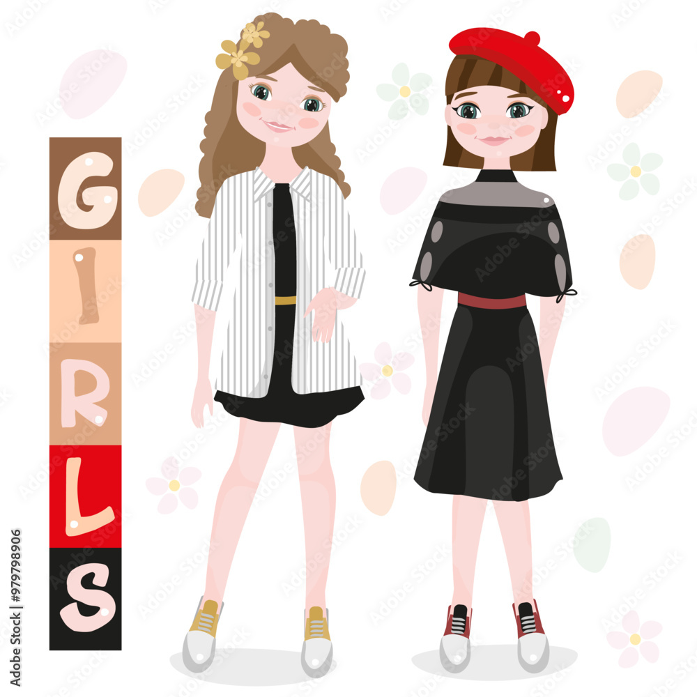 Cute teenage girls dressed in stylish clothes. Fashionistas, female ...