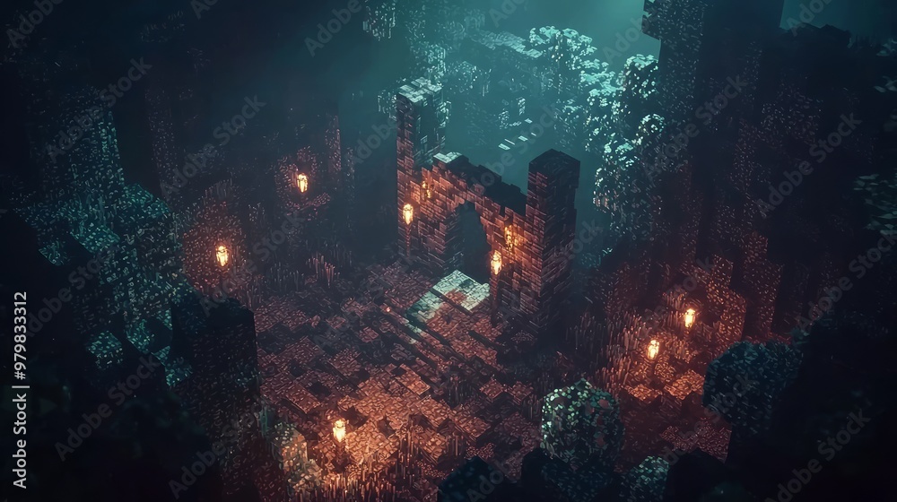 Mystery of the Cursed Altar: 3D Cube World in Dark Cave with Pixelated ...