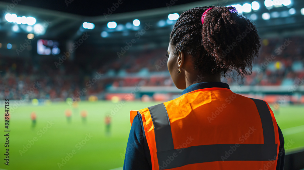 Female security guard in an orange vest watches over a football stadium ...