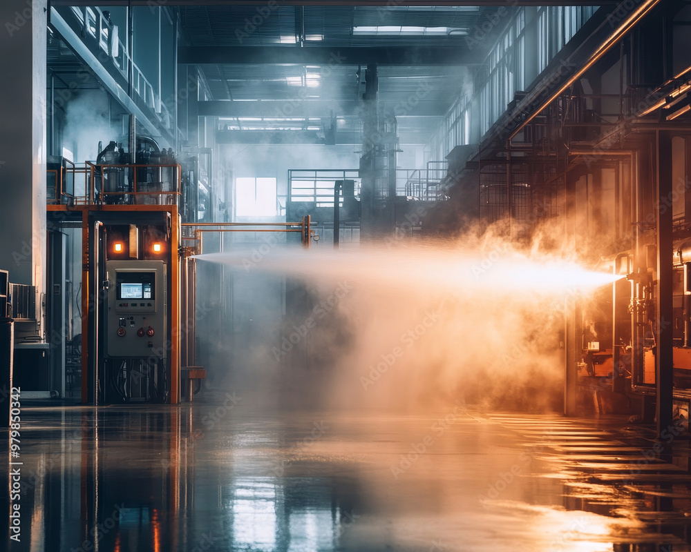 A smoke filled factory with fire alarm control panel, showcasing ...