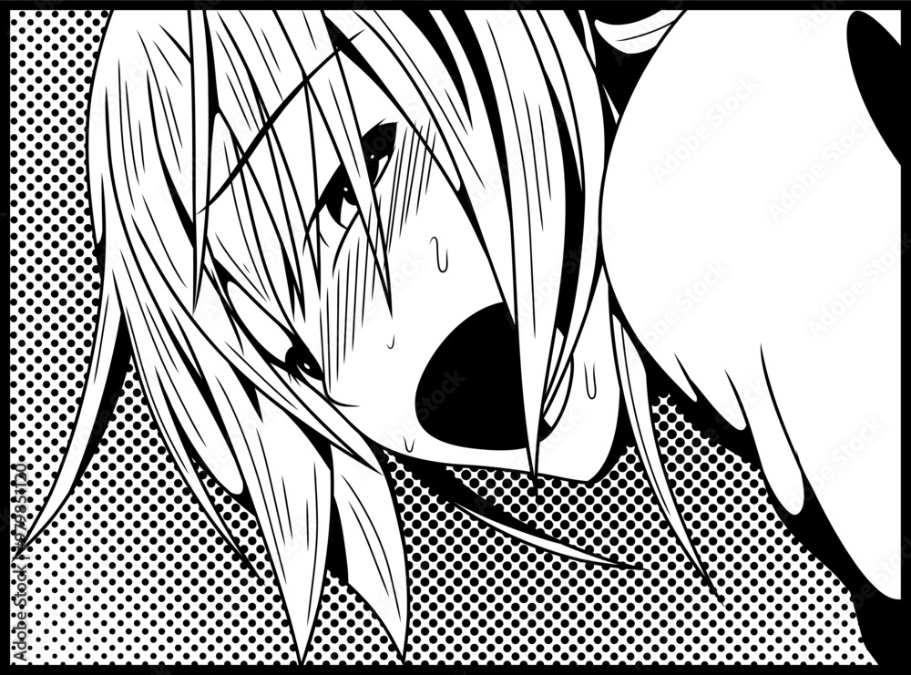 Manga-style black and white illustration of a blushing anime girl with ...