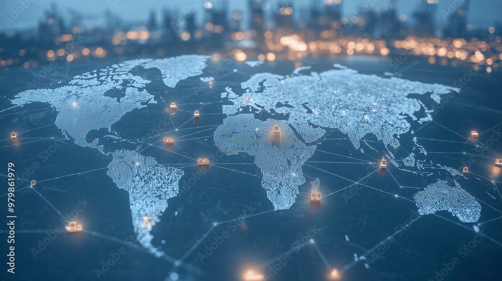 world map with highlighted international trade routes connecting major ...