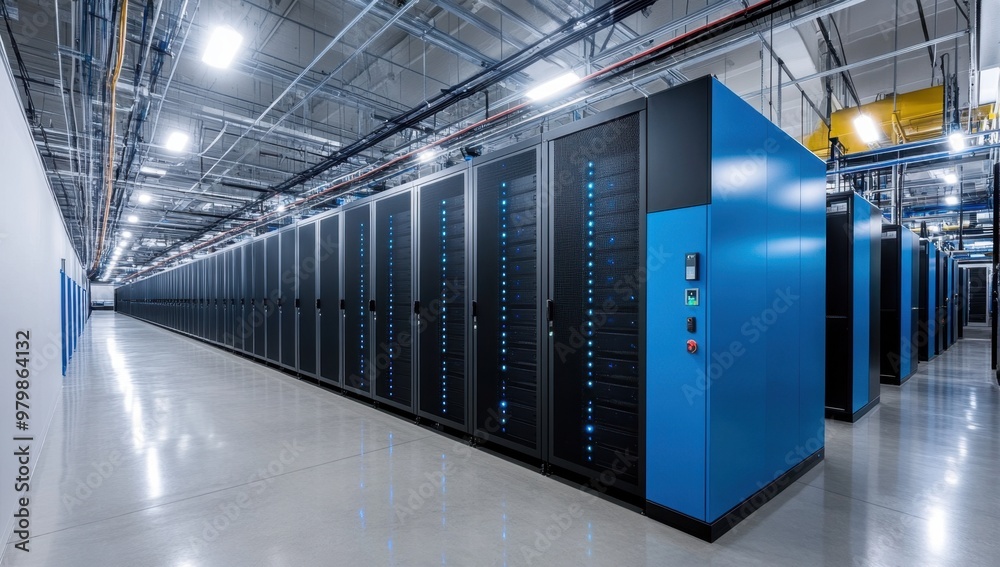A large server room with rows of black and blue computer cabinets, illuminated by soft white ...